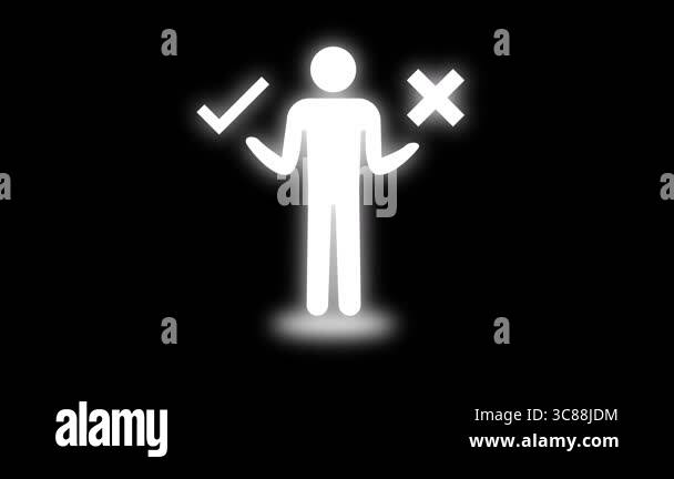 A person is caught between check and cross marks, representing ...