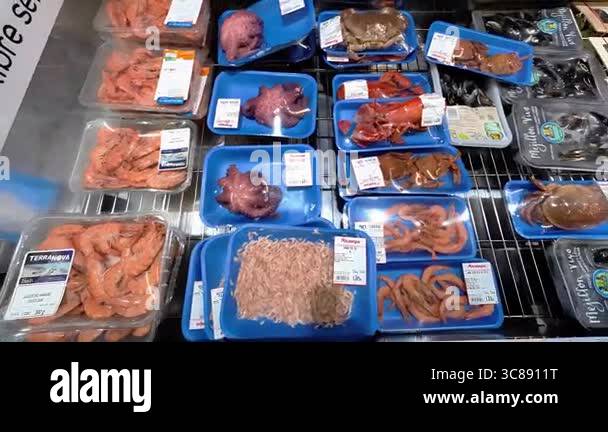Benidorm , Spain -April 30, 2025: Fresh seafood display in store ...