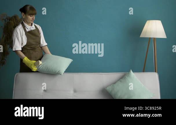 Woman cleaner from professional agency scrubbing couch and pillows with ...