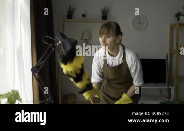 woman cleaning dust from lamp. housekeeping and hygiene. dusting for ...