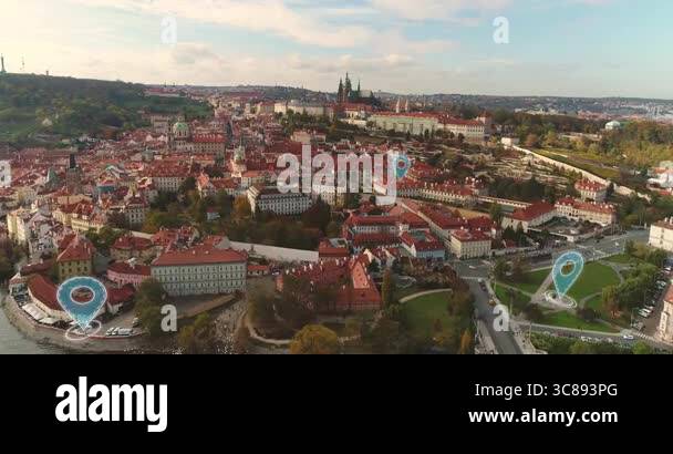 Location markers above the city. Outstanding places in the city ...
