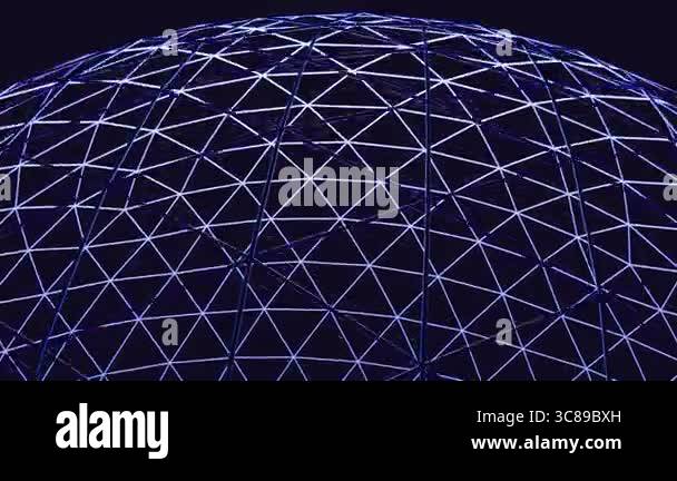 Geometric glowing dome structure with purple-blue neon lines on black ...