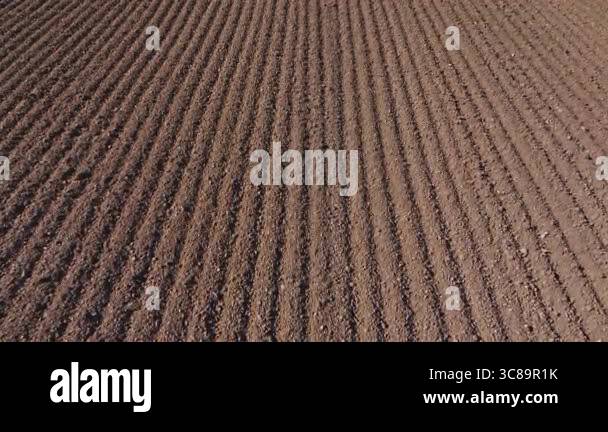 Plowed rows of clay red soil stretch in a Mediterranean farm in Spain ...