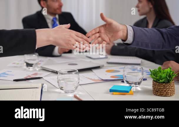 A formal handshake between two professionals against an office ...
