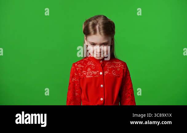 Children emotions advertisement concept. Little girl child in red shirt ...