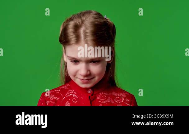 Children emotions advertisement concept. Little girl child in red shirt ...