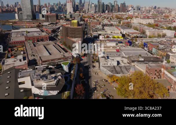 Aerial view of Williamsburg, Brooklyn. Modern buildings stand alongside ...