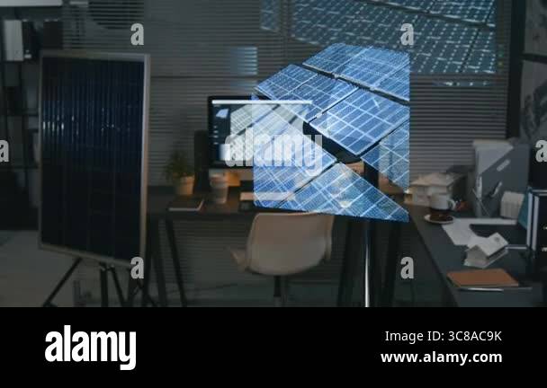 No people shot of 3D hologram fan displaying digital solar power system ...