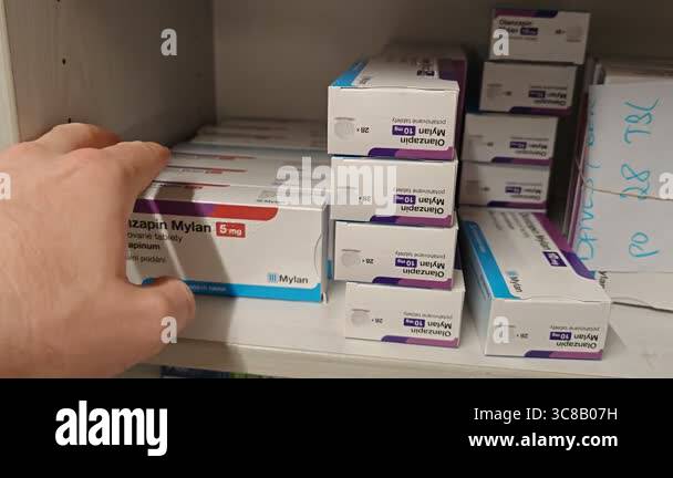 Prague,Czech Republic-April 8 2025: OLANZAPIN MYLAN box of medication ...