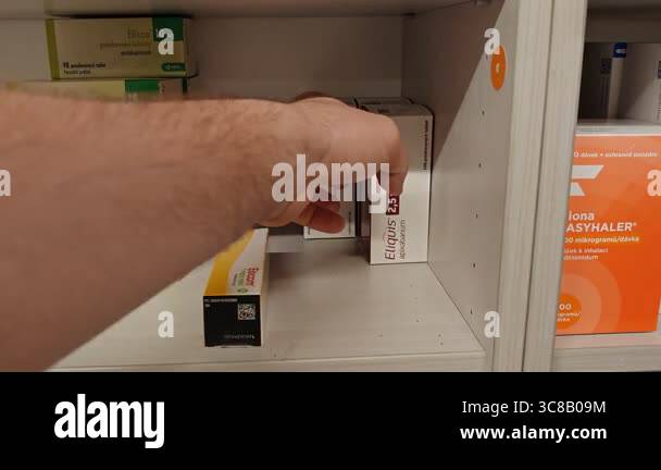 Prague,Czech Republic-April 8 2025: ELIQUIS box of medication with ...