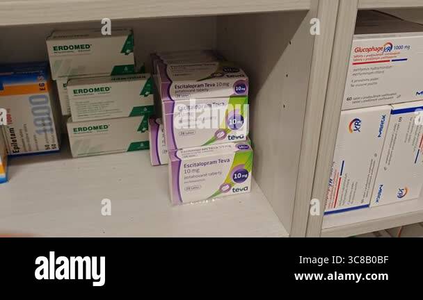 Prague,Czech Republic-April 8 2025: ESCITALOPRAM TEVA box of medication ...