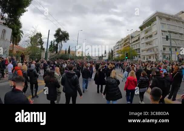 Athens, Greece-February 28,2025. Footage shows a lot of people walking ...