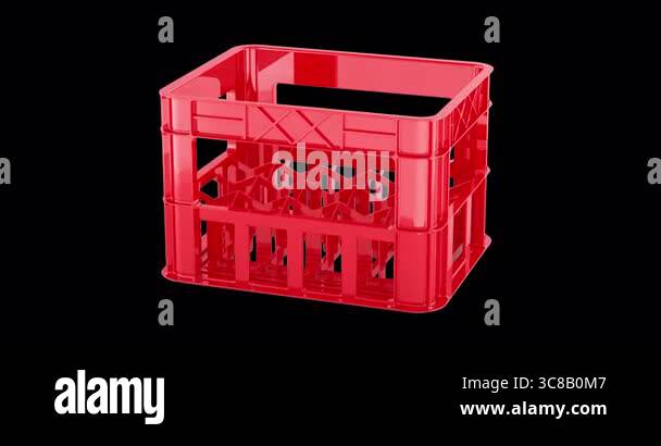 Empty red plastic crate for bottles rotation animation, seamlessly ...