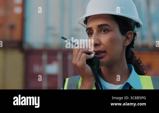 Woman, Giving Commands by Radio for Communication, Latino Supervisor ...