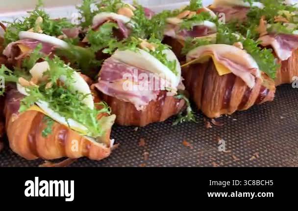 stacks of croissant sandwich at wedding. High quality Stock Video ...