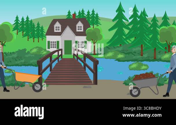 Gardening people working, rural scene animation in nature Stock Video ...