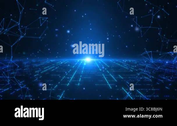 Abstract scene of futuristic cyber world, sci-fi grid and plexus, big data and particle flows ...