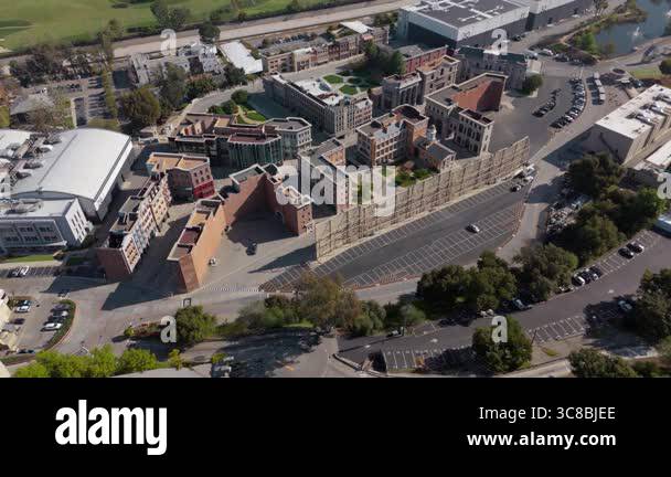 Drone footage of a full-scale urban film set featuring intricate ...