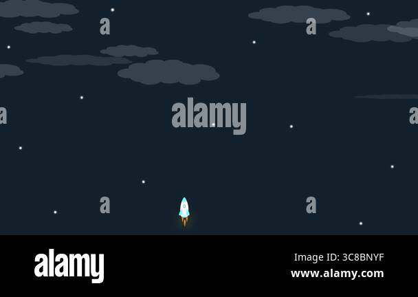 Animation of a rocket going up into space, clouds, stars, art concept ...