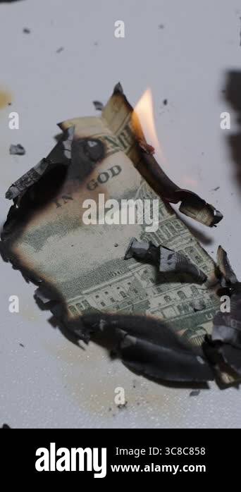 Vertical video. Burnt and Partially Burning Pieces of a Fifty Dollar ...