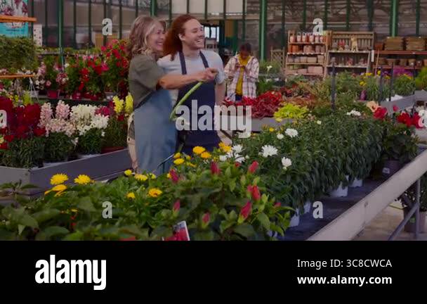 Nursery workers watering plants collaboratively in vibrant garden ...
