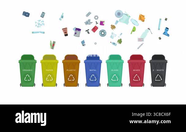2D animation of seven colored trash bins labeled by waste type with ...