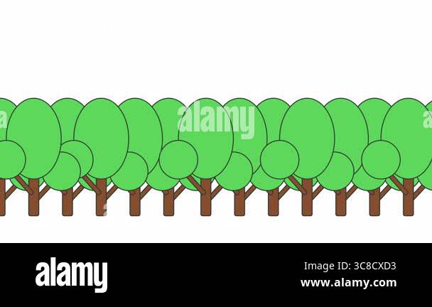 Flat cartoon forest with rows of stylized green trees and brown trunks ...