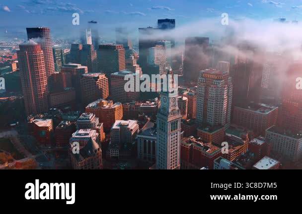 Panorama of modern Boston covered with white smoke from the view ...