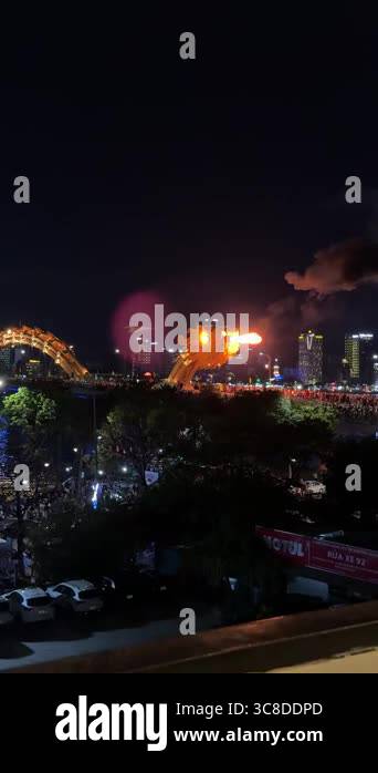 Amazing colorful close aerial shot of iconic Dragon Bridge Cau Rong ...
