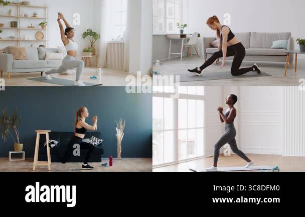 A collection of athletic individuals performing various workouts ...