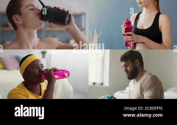 Four individuals engage in a fitness-focused moment, each holding their ...
