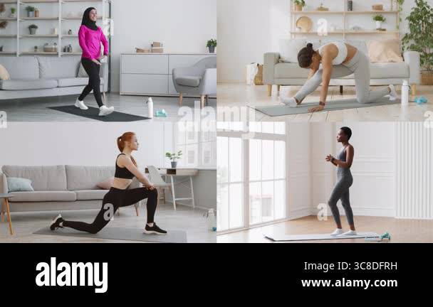 A collection of athletic people performing diverse workouts indoors ...