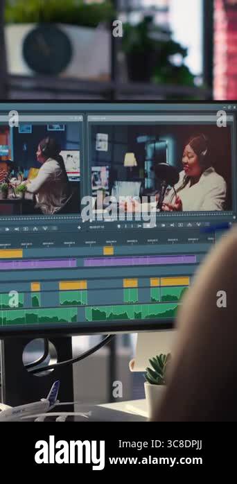 Vertical Video Video editors team working with AI chatbot and montage ...