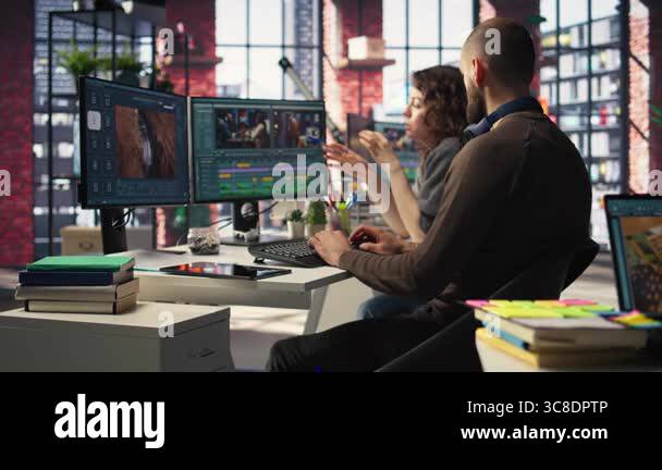 Video editors team working with AI chatbot and montage maker software ...