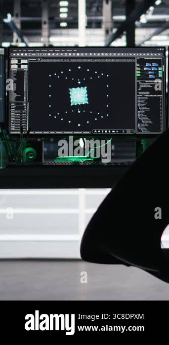 Vertical video Monitors in data center displaying node tree programming optimizing ...