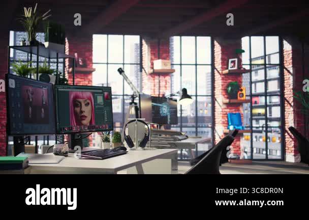 Inspiring creative workspace with professional editing software and AI ...