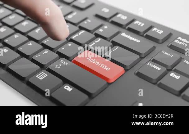 Hand About to Press Red "Advertise" Button on Black Keyboard, 3D ...