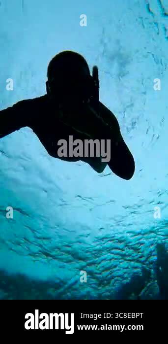 Freediver swims underwater in the Maldives, reaching out with a hand ...