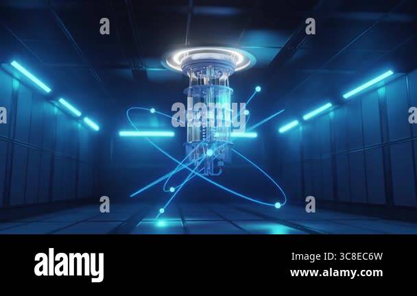 Futuristic quantum computing machine with glowing atomic structure inside a modern scientific ...