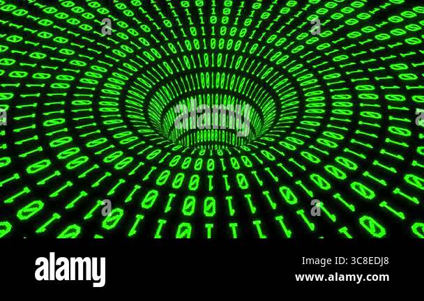 3D Animation of Green Binary Code Spiraling into a Dynamic Digital Vortex with Orbiting Camera ...