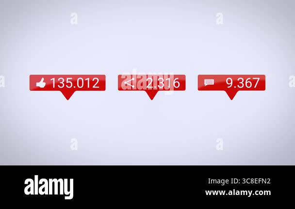 Video animation of Like, Share and Comments button in red with increasing count of numbers on ...