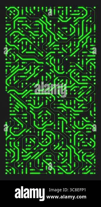 Vertical video animation of a printed circuit board in green on a dark ...