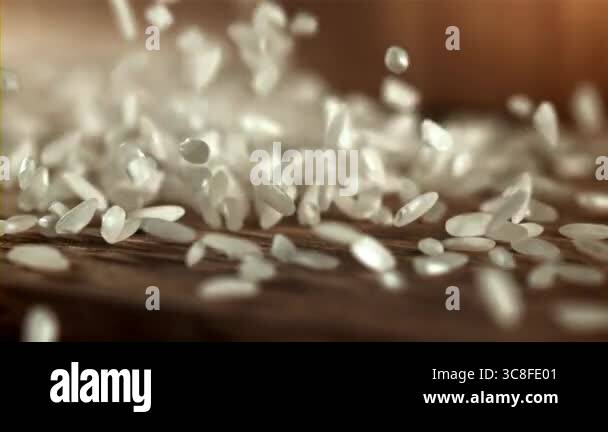 Rice falls on the table. Filmed on a high-speed camera at 1000 fps ...