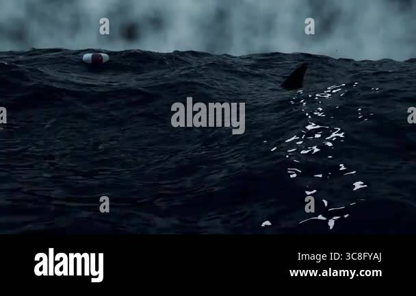 3d render of stormy waters with lightning, shark and life preserver ...