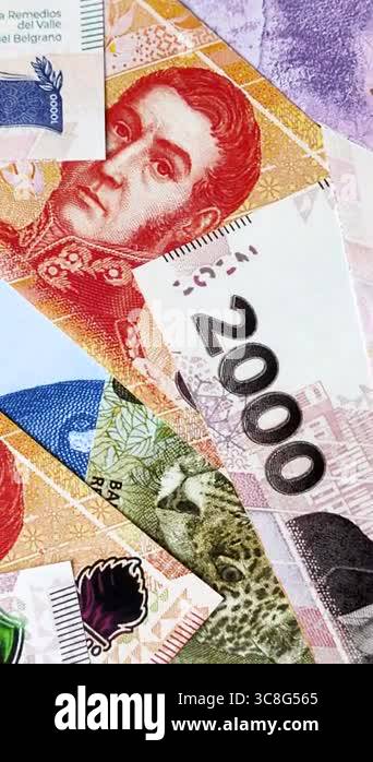 Background of Argentine peso paper money, notes with different ...