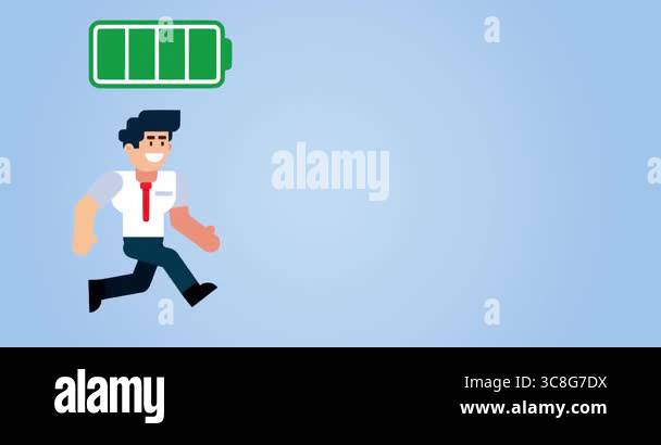 Energetic businessman running with full battery indicator on blue ...