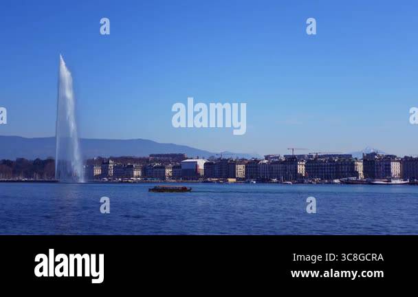 Geneva, Switzerland - March 5, 2025 - Lake Geneva and the famous Jet d ...