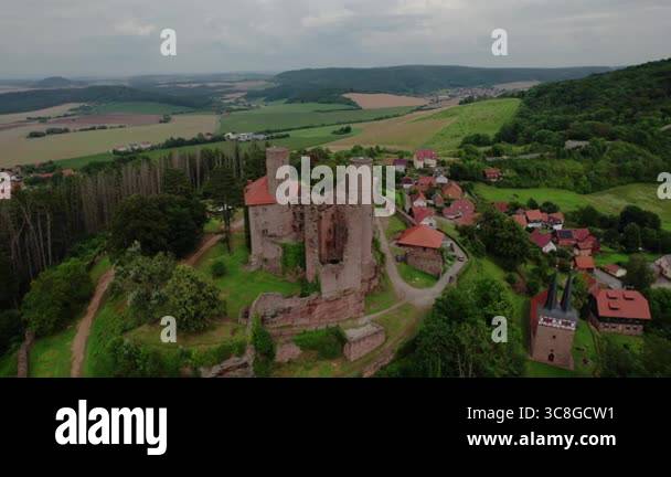 Aerial view of Ruins of Hanstein Castle in Germany. The old Hanstein ...