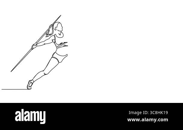 animated continuous single line drawing of female javelin thrower, line ...
