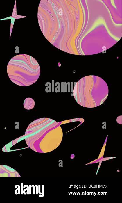 Animation with colourful planets and stars on black night starry sky ...